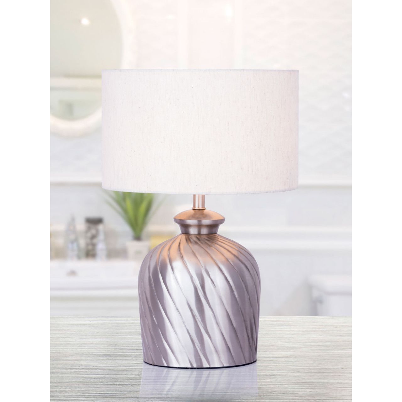 Table Lamp in Hammered Metal, Silver-Colored Finish, Round Metal Base ...